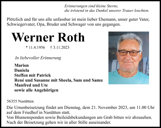 Traueranzeigen von Werner Roth | rz-trauer.de