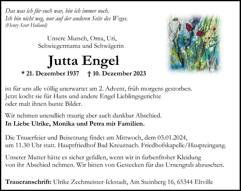 Traueranzeigen von Jutta Engel | rz-trauer.de