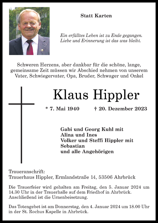 Traueranzeigen von Klaus Hippler | rz-trauer.de