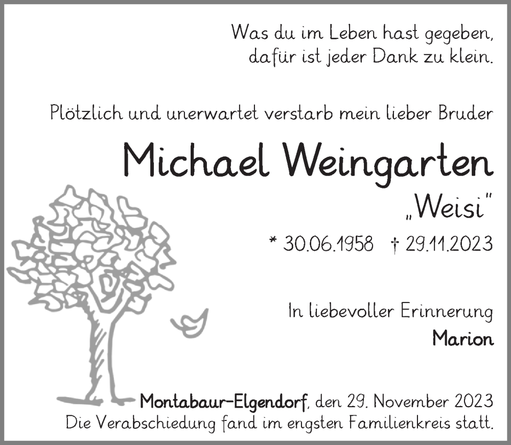 Traueranzeigen von Michael Weingarten | rz-trauer.de