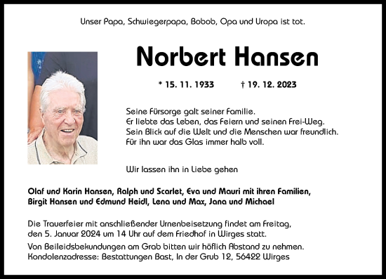 Traueranzeigen von Norbert Hansen | rz-trauer.de