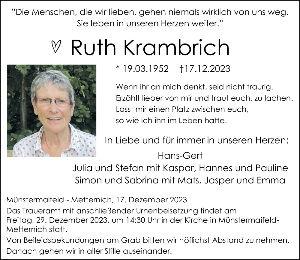 Traueranzeigen von Ruth Kambrich | rz-trauer.de