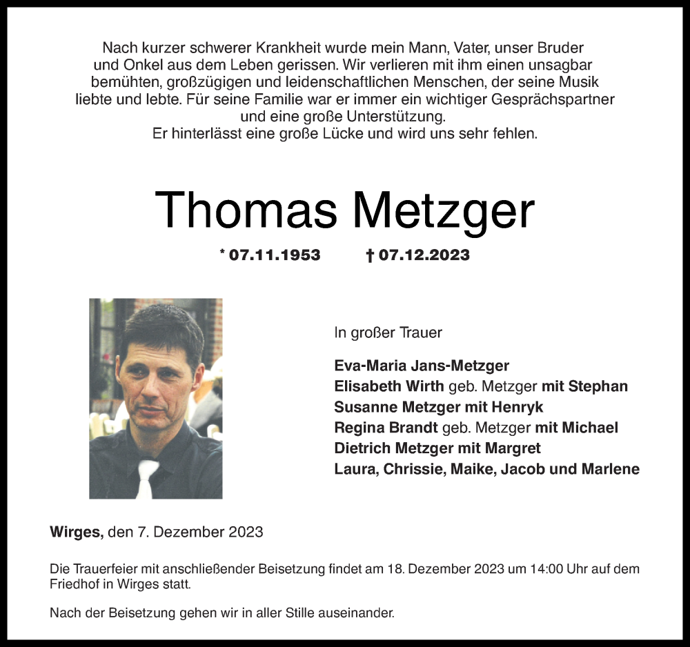 Traueranzeigen von Thomas Metzger | rz-trauer.de