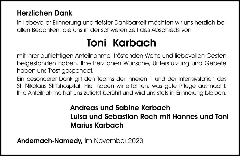 Traueranzeigen von Toni Karbach | rz-trauer.de