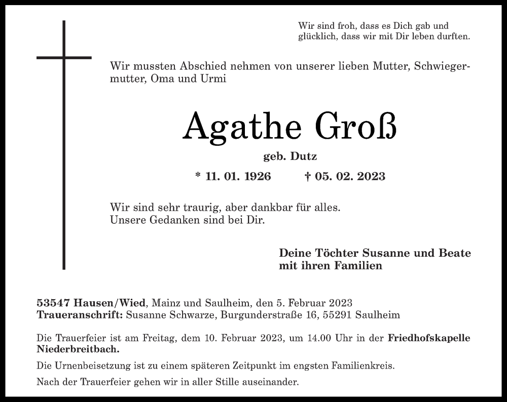 Traueranzeigen von Agathe Groß | rz-trauer.de