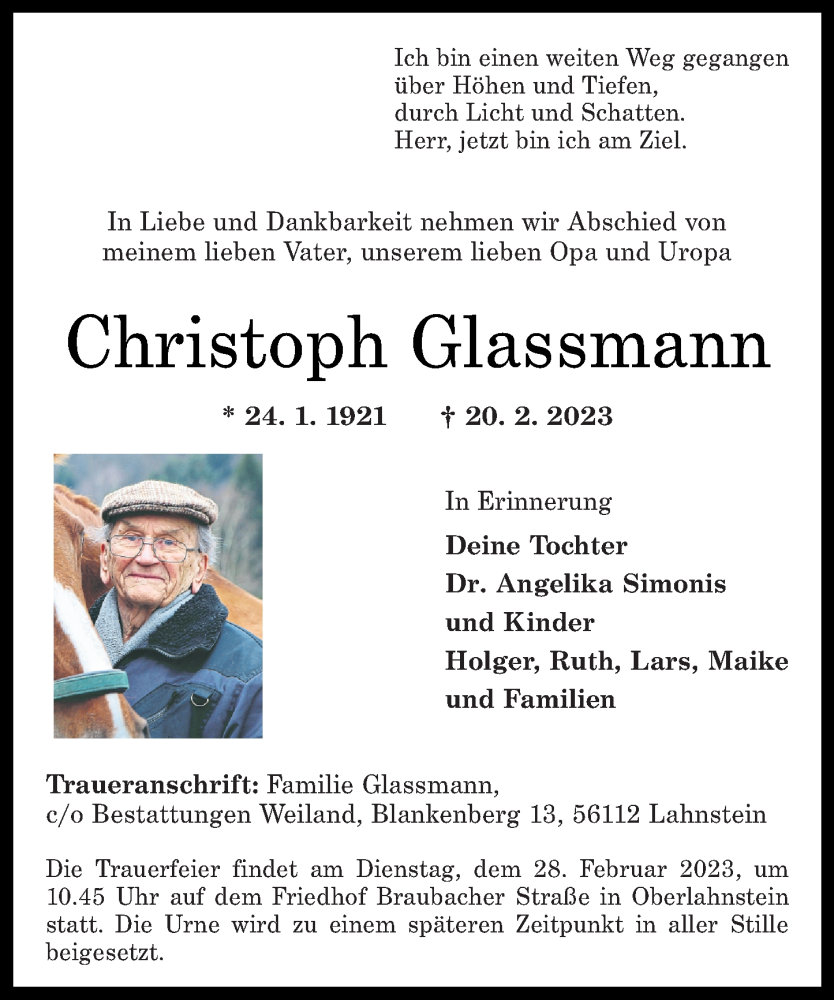 Traueranzeigen von Christoph Glassmann | rz-trauer.de
