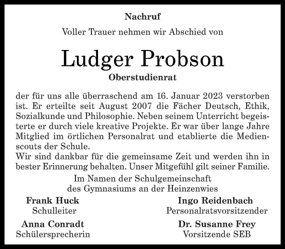 Traueranzeigen von Ludger Probson | rz-trauer.de
