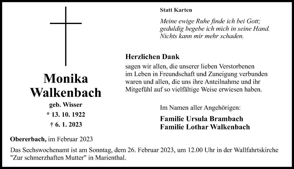 Traueranzeigen von Monika Walkenbach | rz-trauer.de
