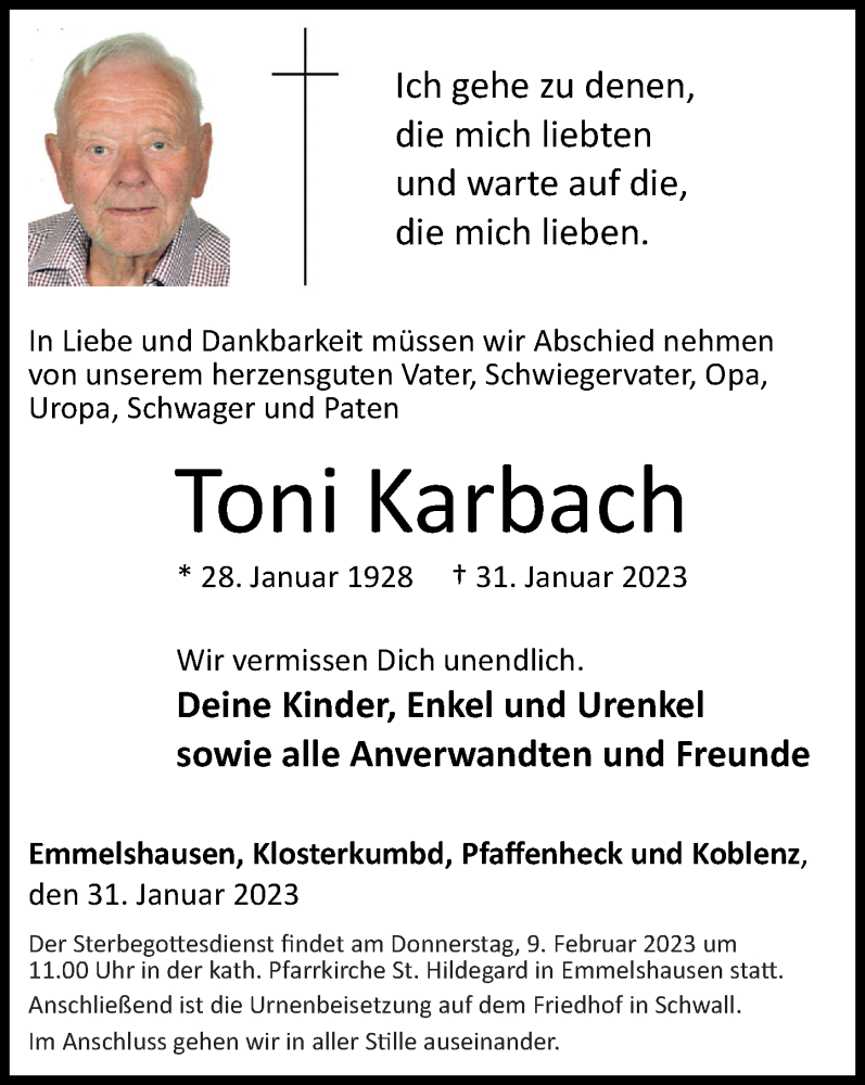 Traueranzeigen von Toni Karbach | rz-trauer.de