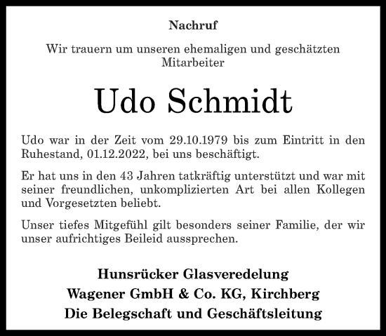 Traueranzeigen von Udo Schmidt | rz-trauer.de