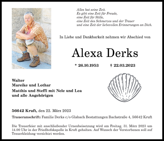 Traueranzeigen von Alexa Derks | rz-trauer.de