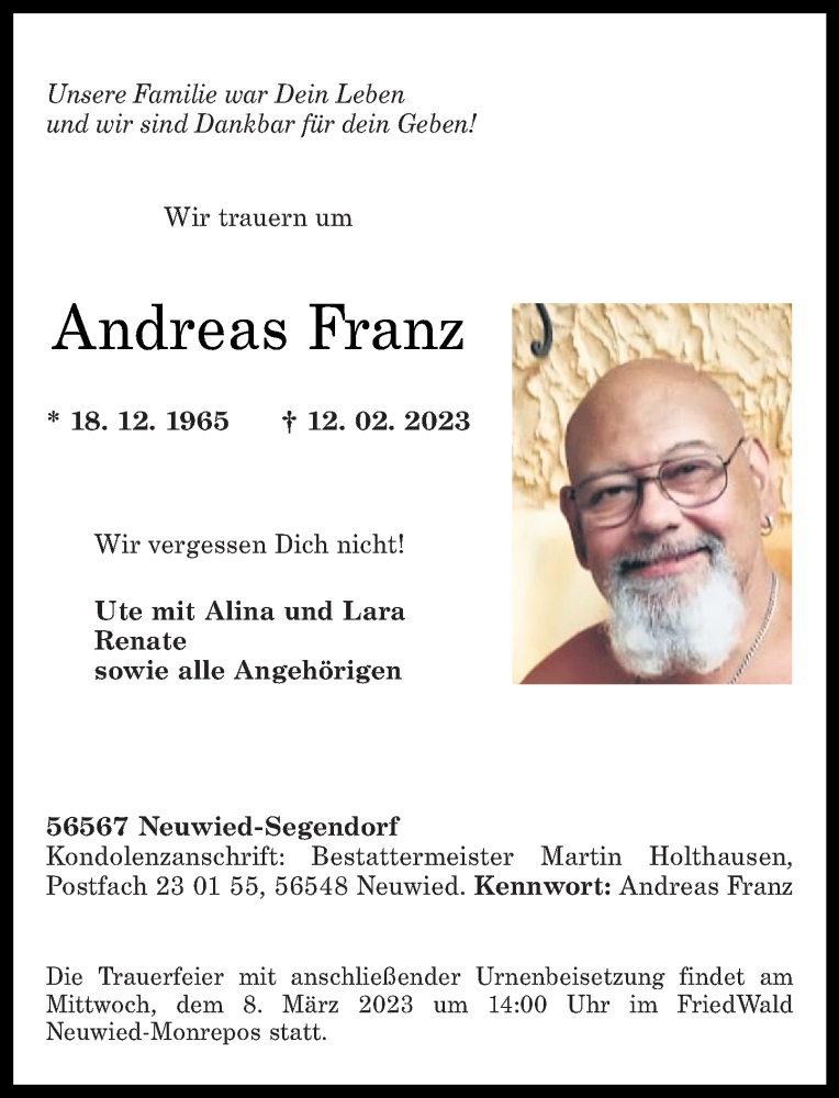 Traueranzeigen von Andreas Franz | rz-trauer.de