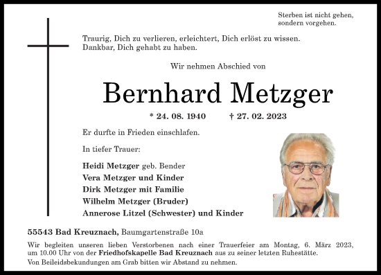 Traueranzeigen von Bernhard Metzger | rz-trauer.de