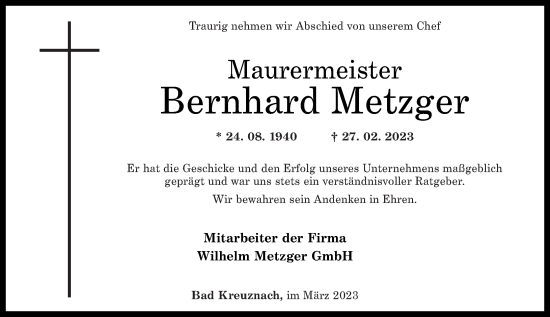 Traueranzeigen von Bernhard Metzger | rz-trauer.de