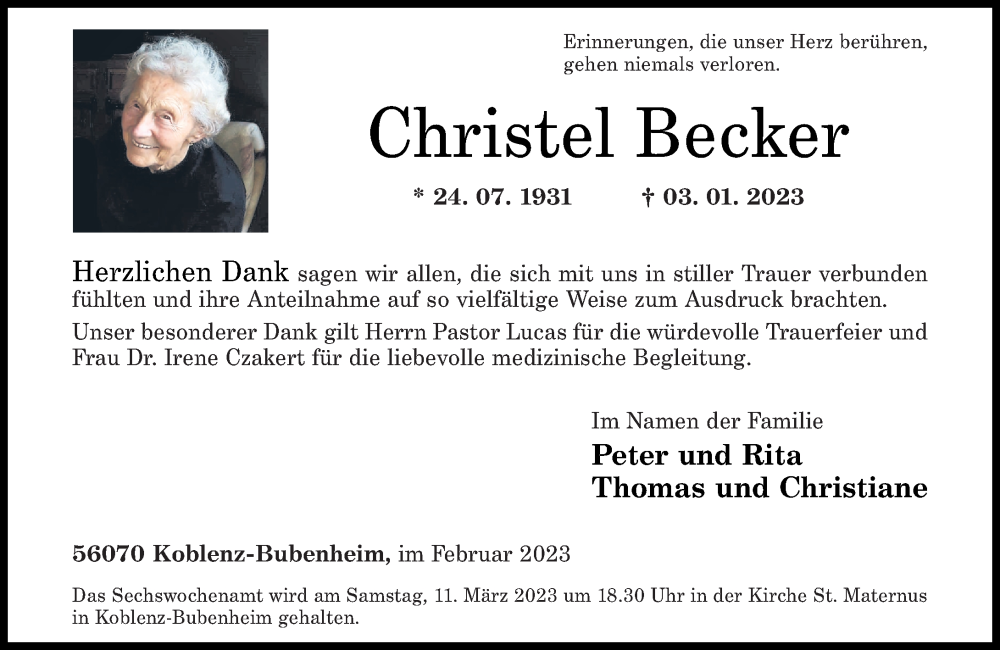 Traueranzeigen von Christel Becker | rz-trauer.de