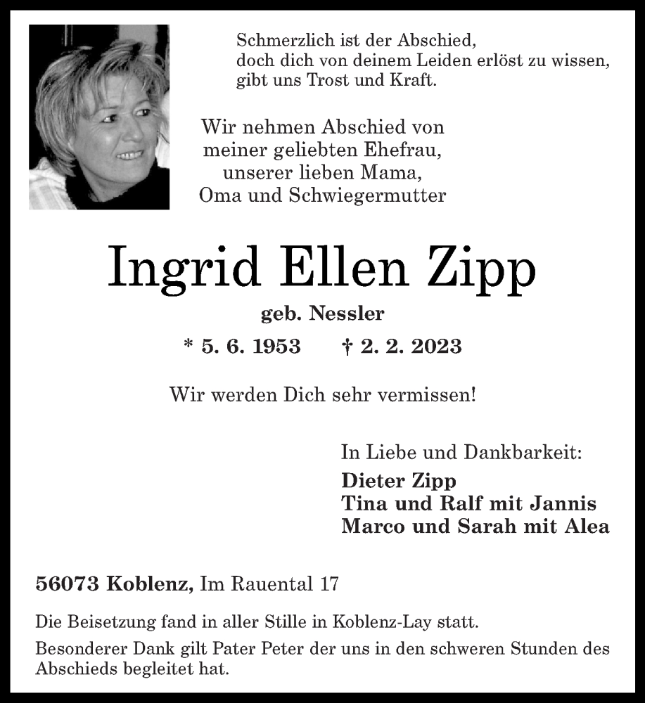 Traueranzeigen von Ingrid Ellen Zipp | rz-trauer.de