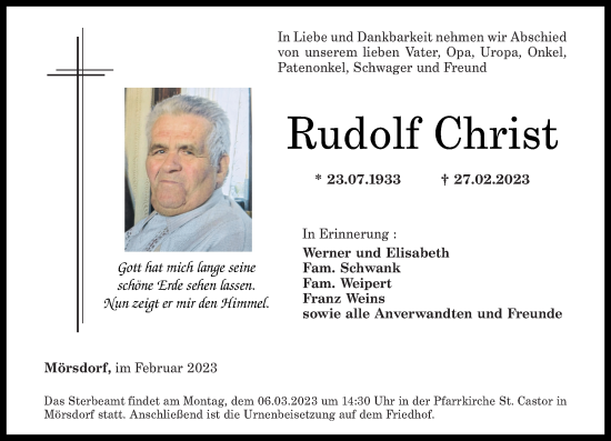 Traueranzeigen von Rudolf Christ | rz-trauer.de