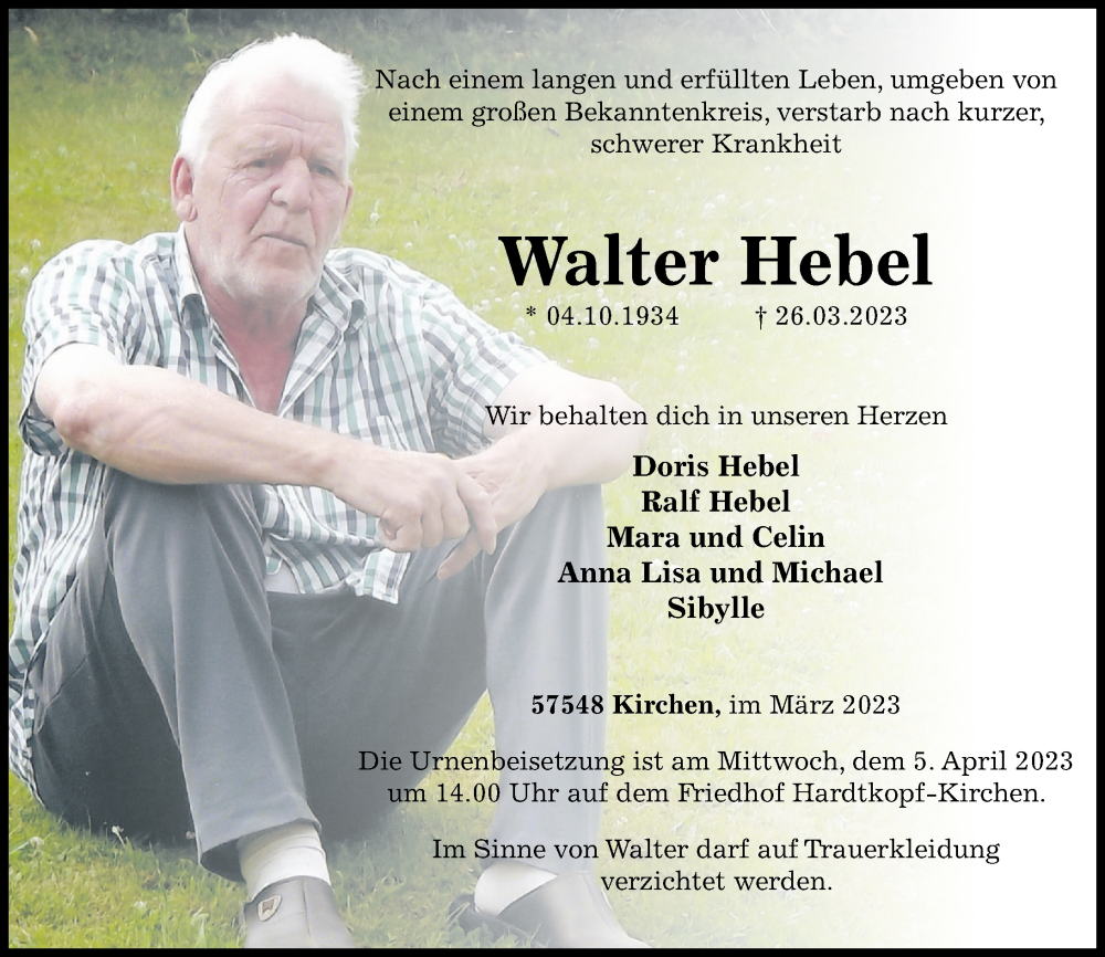 Traueranzeigen von Walter Hebel | rz-trauer.de