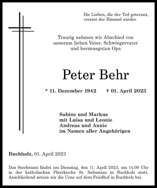 Traueranzeigen von Peter Behr | rz-trauer.de