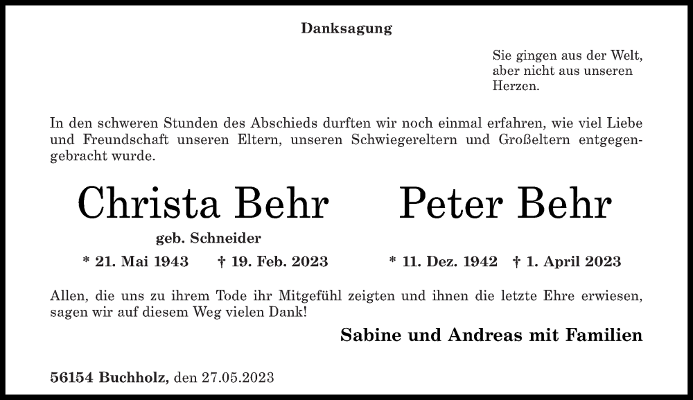 Traueranzeigen von Christa und Peter Behr | rz-trauer.de