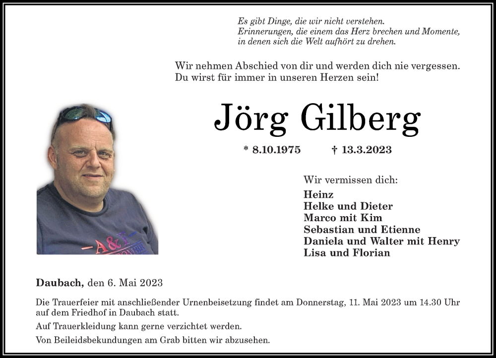 Traueranzeigen von Jörg Gilberg | rz-trauer.de