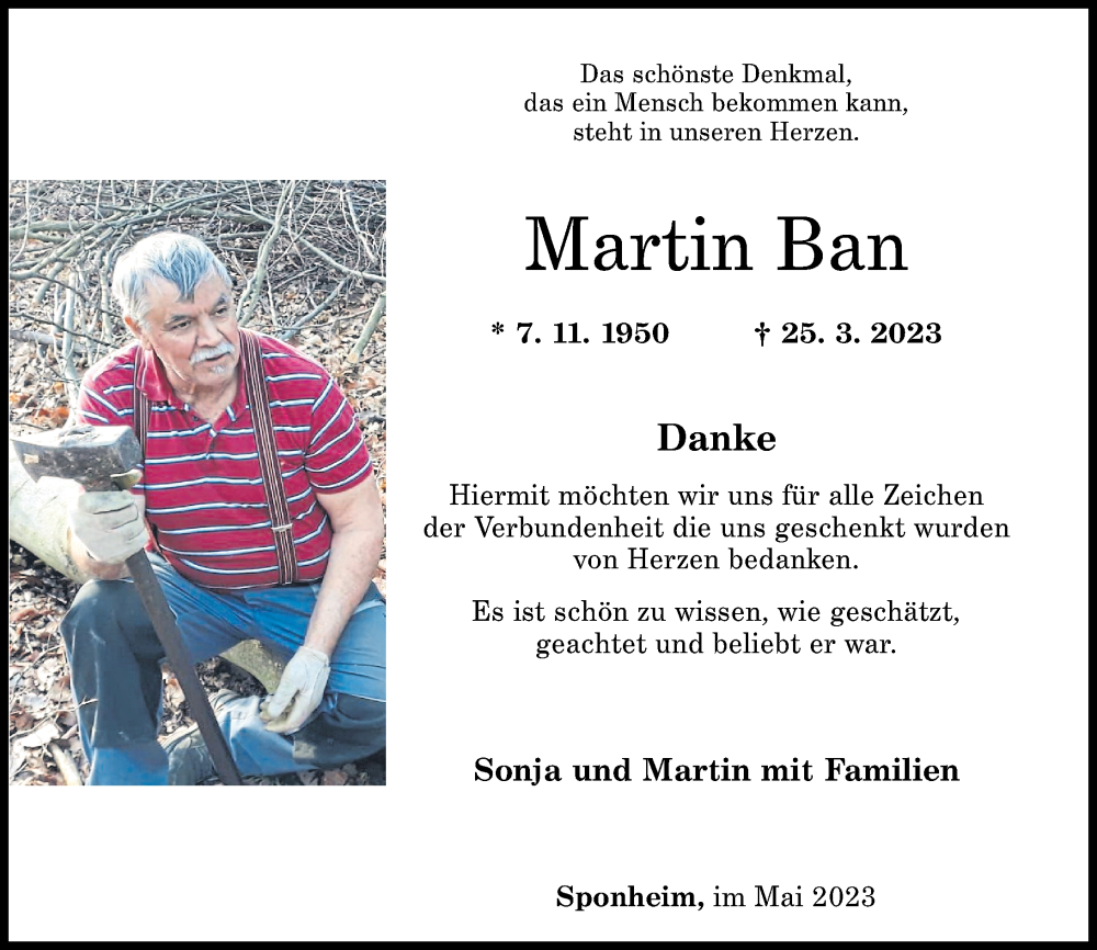 Traueranzeigen von Martin Ban | rz-trauer.de