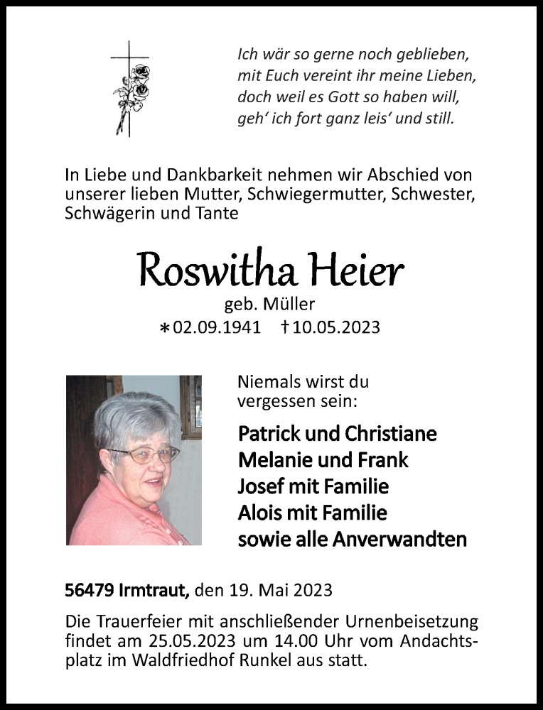 Traueranzeigen von Roswitha Heier | rz-trauer.de