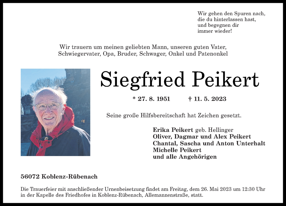 Traueranzeigen von Siegfried Peikert | rz-trauer.de