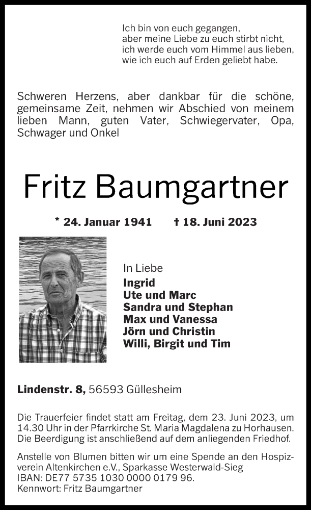 Traueranzeigen von Fritz Baumgartner | rz-trauer.de