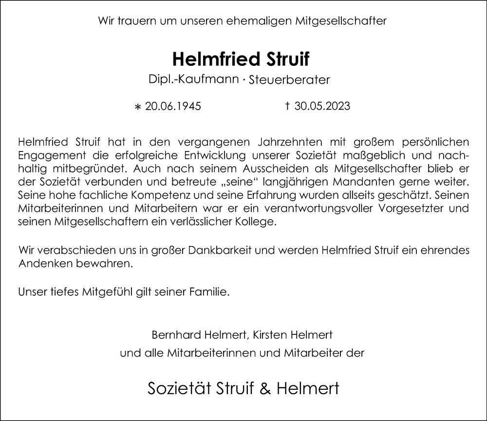 Traueranzeigen von Helmfried Struif | rz-trauer.de