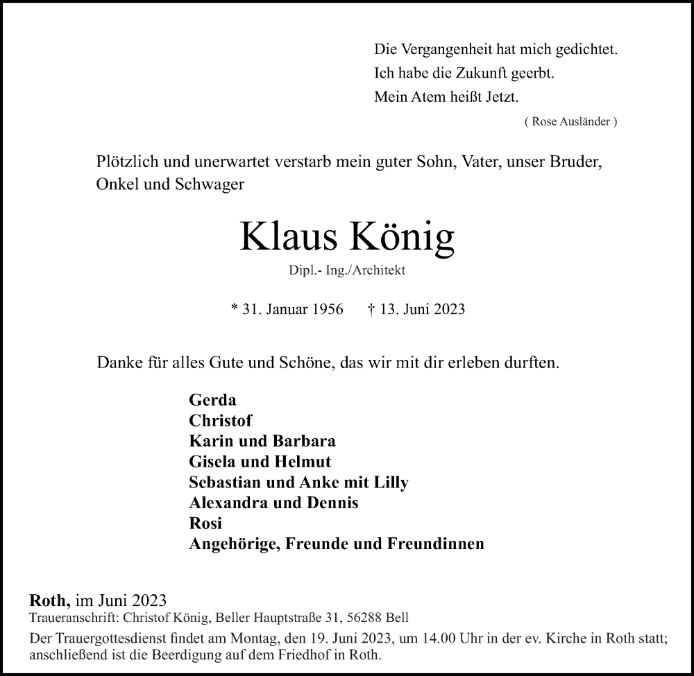 Traueranzeigen von Klaus König | rz-trauer.de