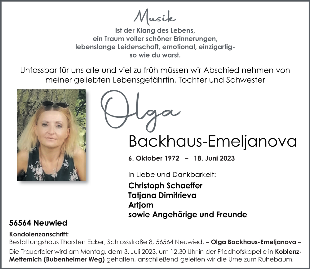 Traueranzeigen von Olga Backhaus-Emeljanova | rz-trauer.de