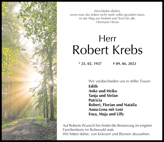Traueranzeigen von Robert Krebs | rz-trauer.de