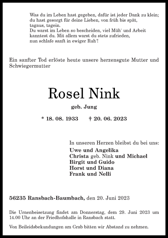Traueranzeigen von Rosel Nink | rz-trauer.de