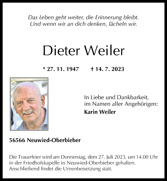 Traueranzeigen von Dieter Weiler | rz-trauer.de
