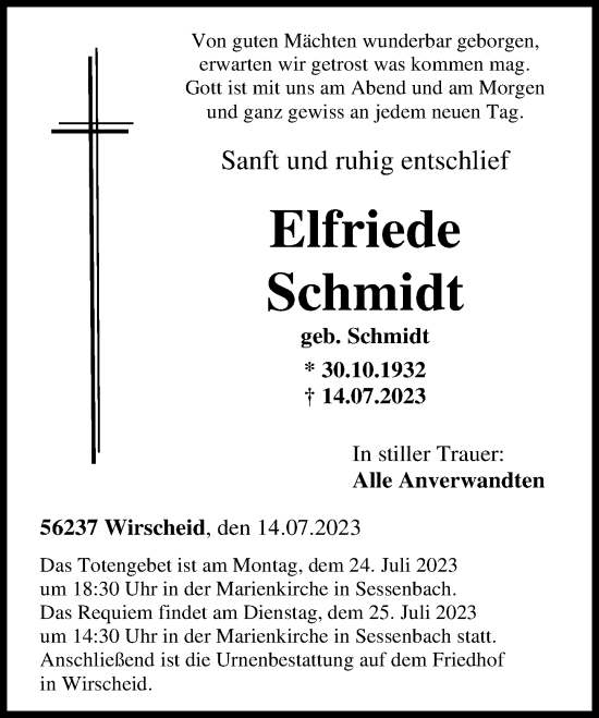 Traueranzeigen von Elfriede Schmidt | rz-trauer.de