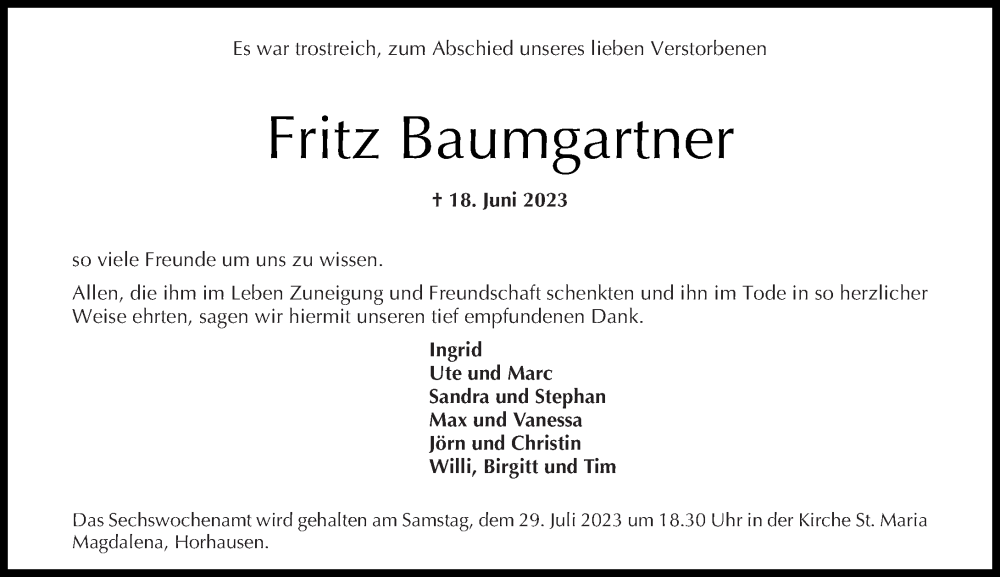 Traueranzeigen von Fritz Baumgartner | rz-trauer.de