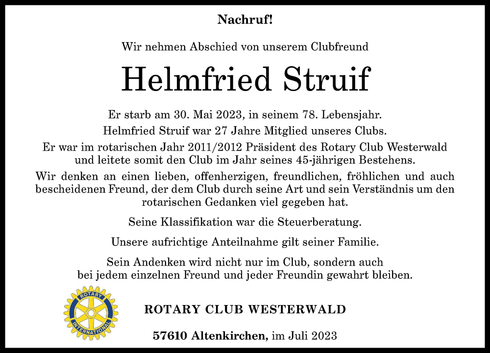Traueranzeigen von Helmfried Struif | rz-trauer.de