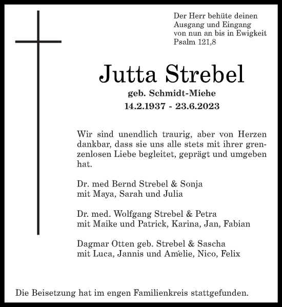 Traueranzeigen von Jutta Strebel | rz-trauer.de
