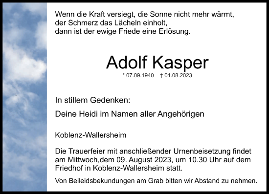 Traueranzeigen von Adolf Kasper | rz-trauer.de