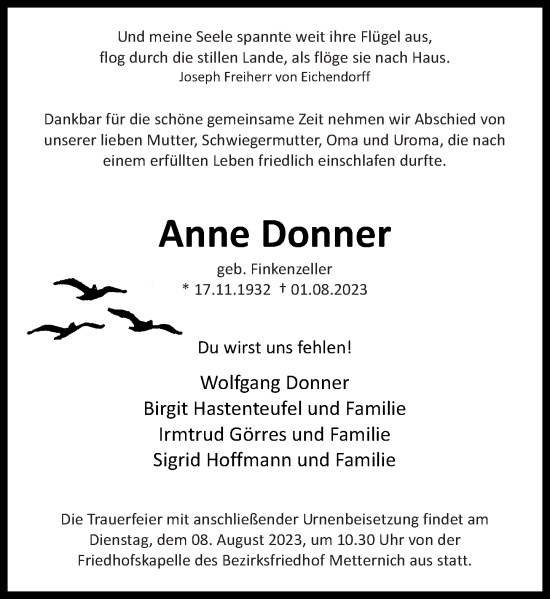 Traueranzeigen von Anne Donner | rz-trauer.de