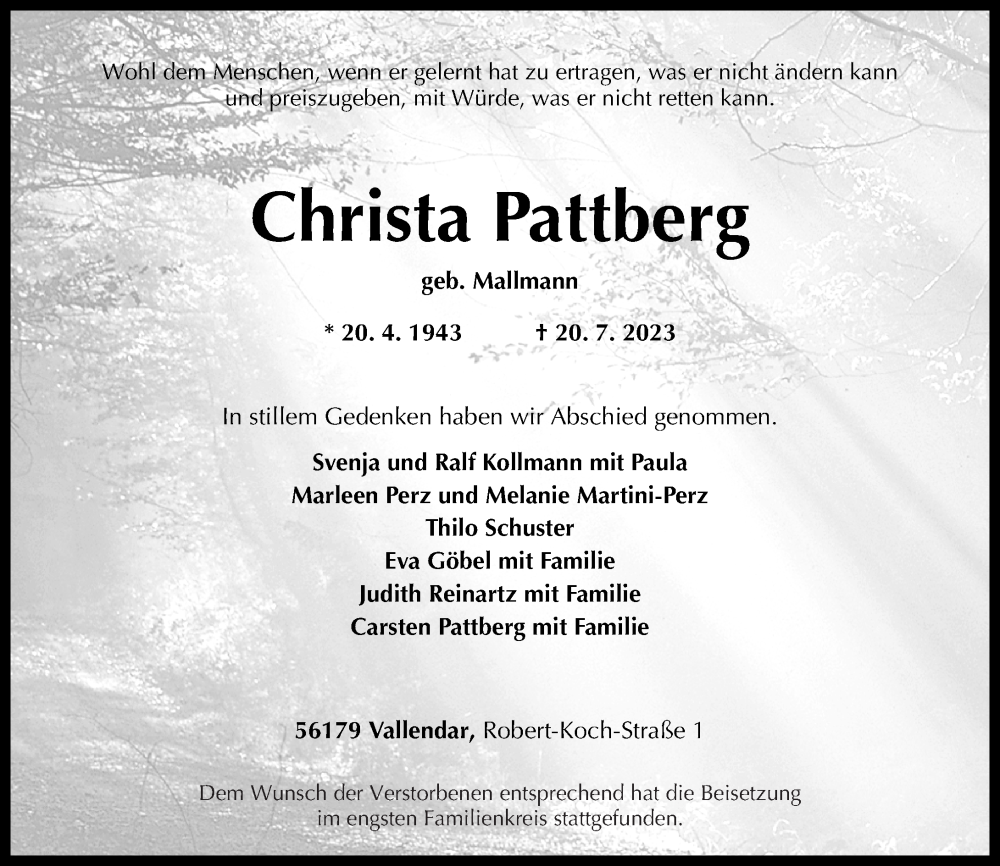 Traueranzeigen von Christa Pattberg | rz-trauer.de
