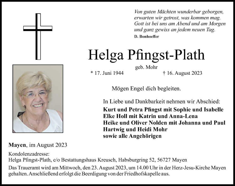 Traueranzeigen von Helga Pfingst-Plath | rz-trauer.de