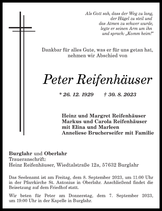 Traueranzeigen von Peter Reifenhäuser | rz-trauer.de