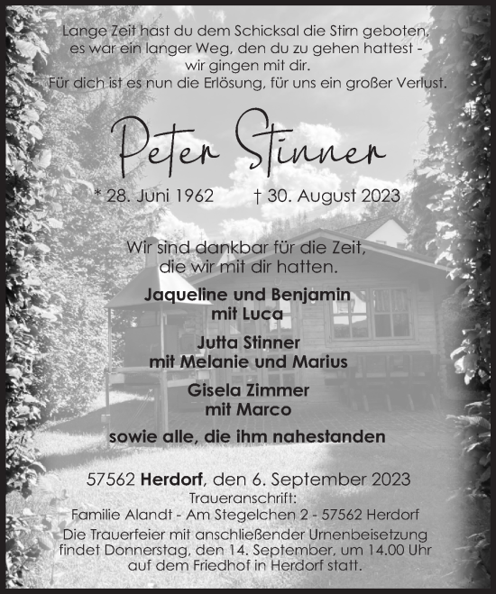 Traueranzeigen von Peter Stinner | rz-trauer.de