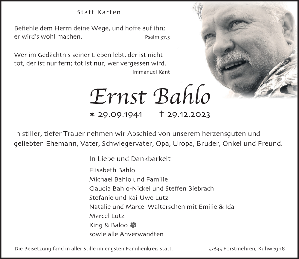 Traueranzeigen von Ernst Bahlo | rz-trauer.de