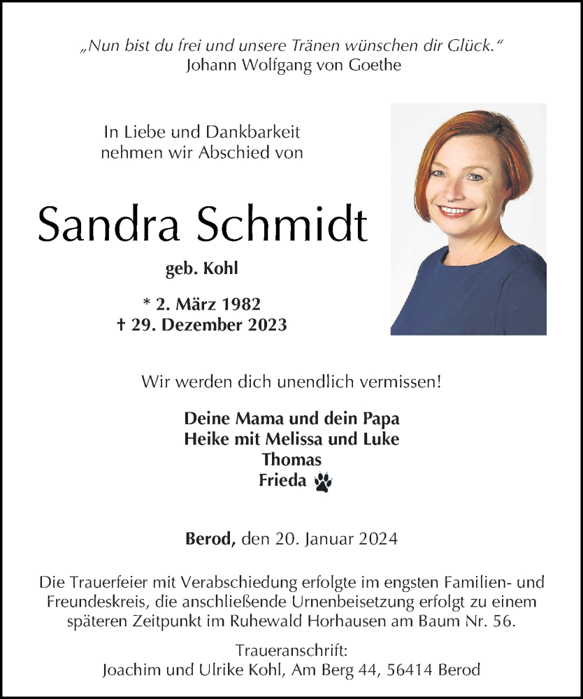 Traueranzeigen von Sandra Schmidt | rz-trauer.de