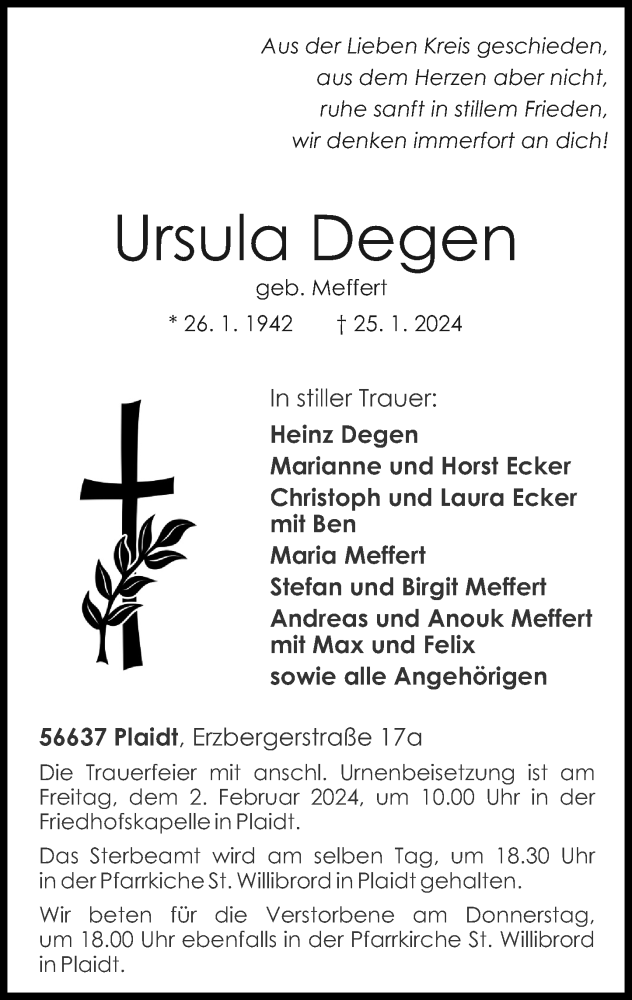 Traueranzeigen von Ursula Degen | rz-trauer.de