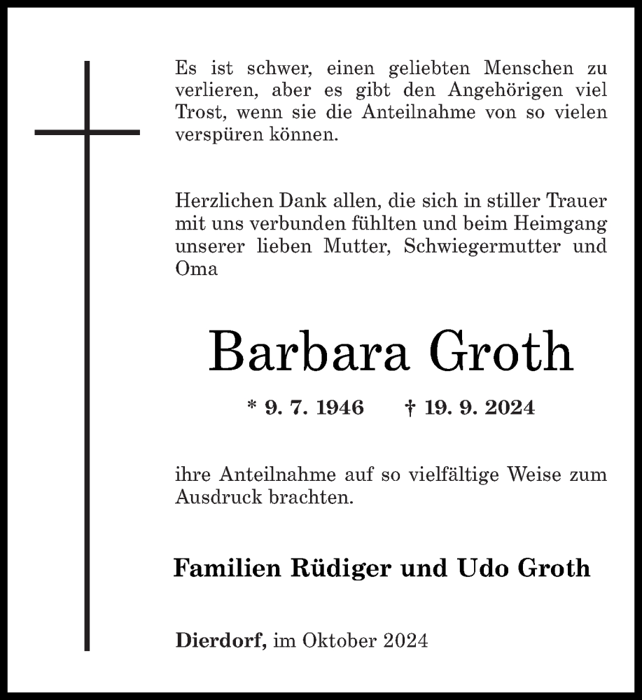 Traueranzeigen von Barbara Groth | rz-trauer.de