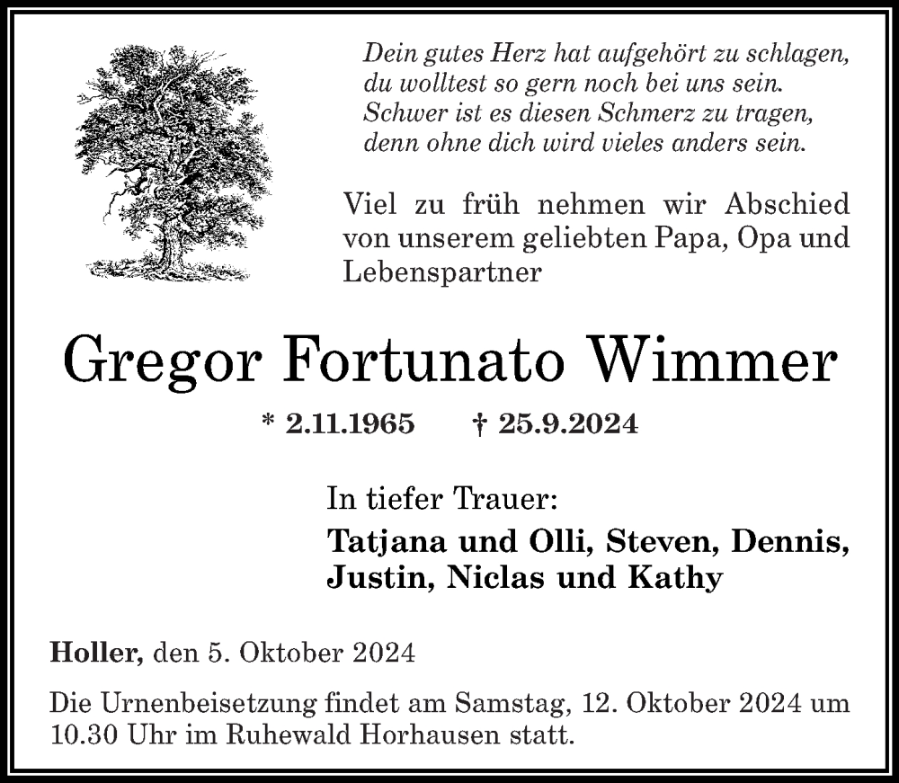 Traueranzeigen von Gregor Fortunato Wimmer | rz-trauer.de